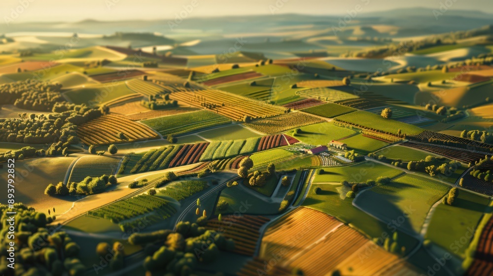 Illustrate an aerial view of farmland with a time-lapse effect, showing ...