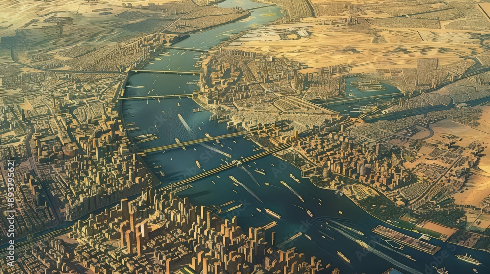 Nile River cutting through Cairo, seen from an aerial perspective with ...