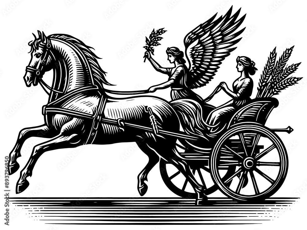 Two ancient women drive a Roman chariot with a horse. Vintage style ...