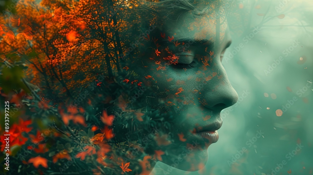 Double exposure combines face and forest. The concept of the unity of ...