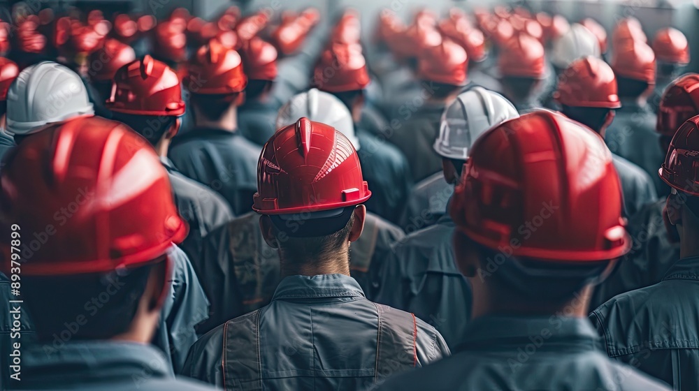 A large group of people wearing construction helmets, viewed from the ...