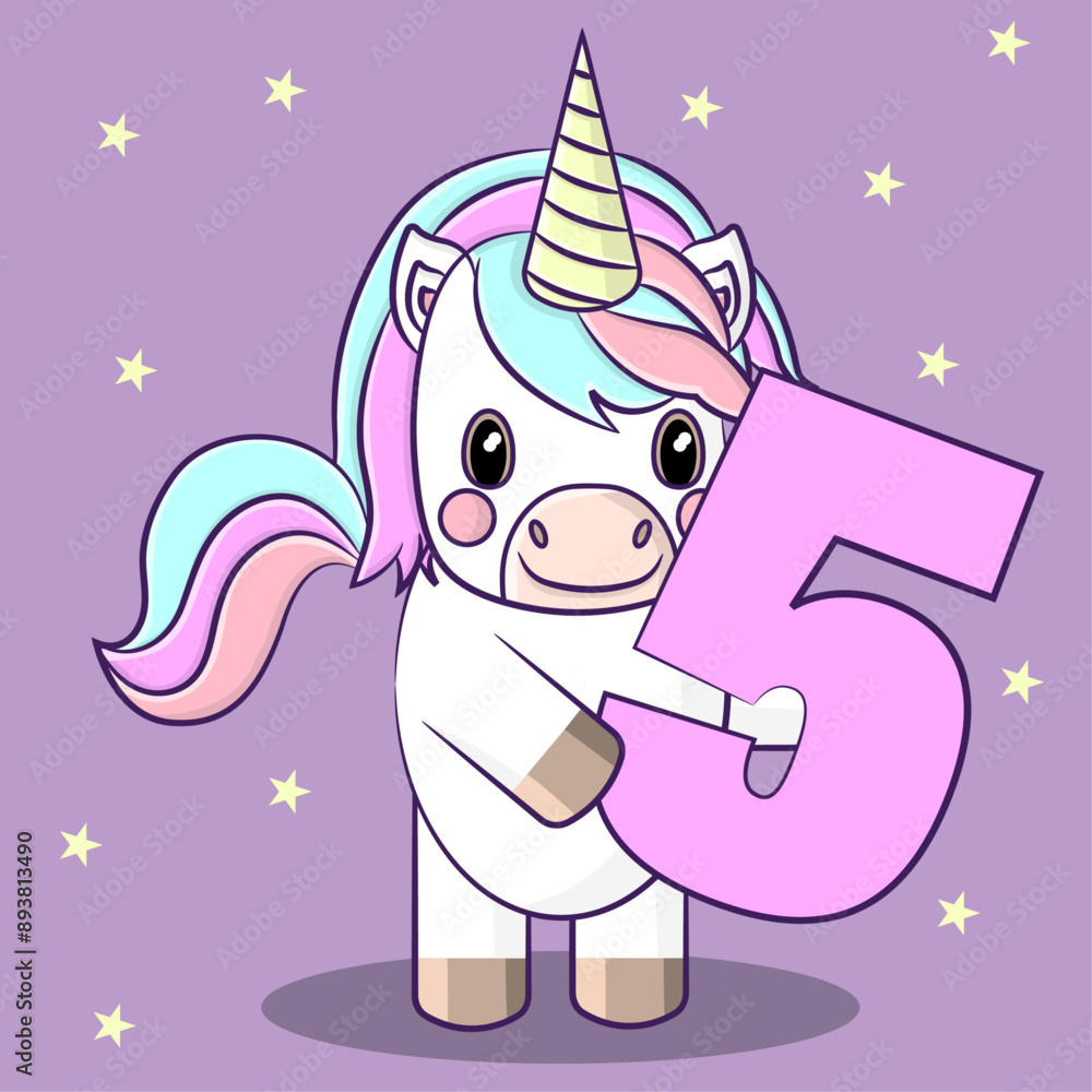 Cartoon Unicorn holding the number 5 for a 5th birthday card or party ...