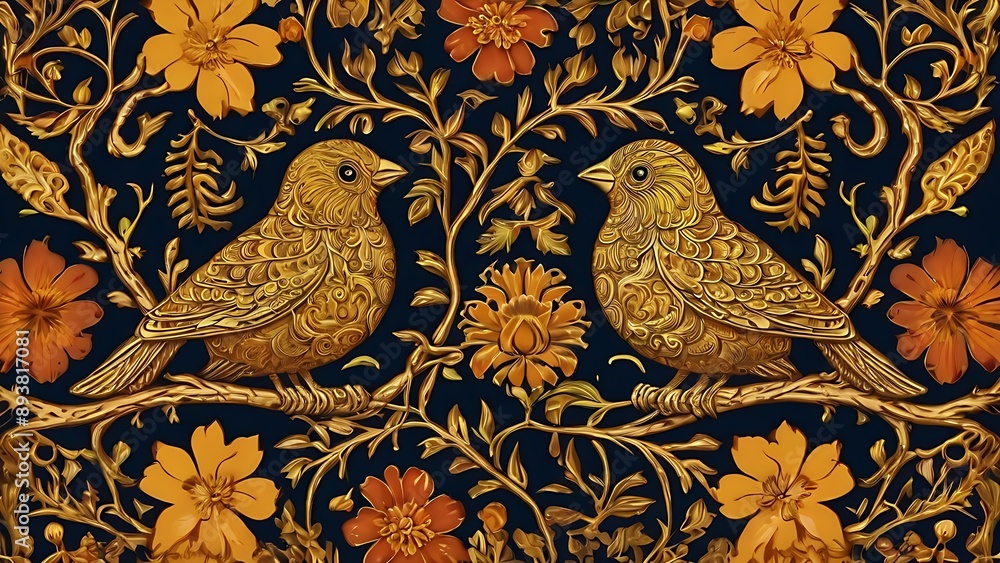 Unique Gold Batik Pattern with luxurious Flora and Fauna, Create a gold ...