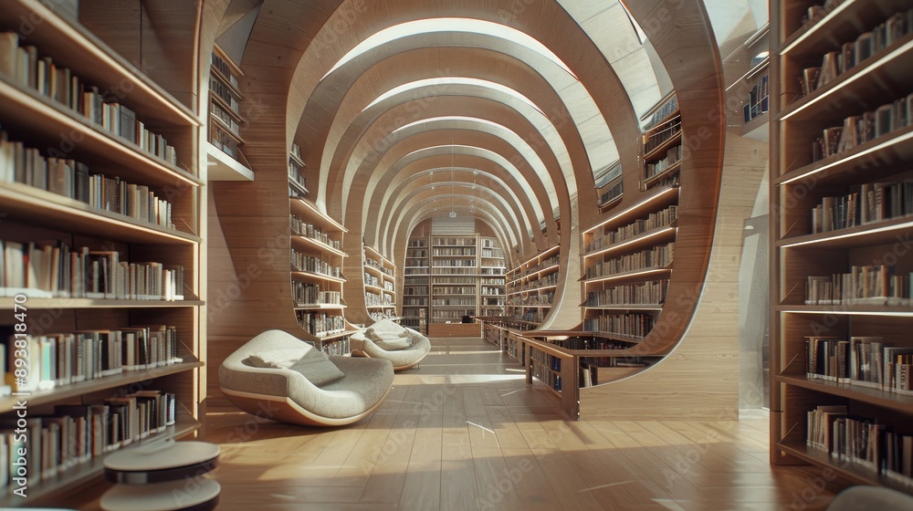 Modern Library Interior with Elegant Design - A stunning library interior featuring curved ...