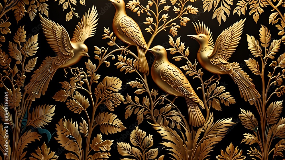 Unique Gold Batik Pattern with luxurious Flora and Fauna, Create a gold ...