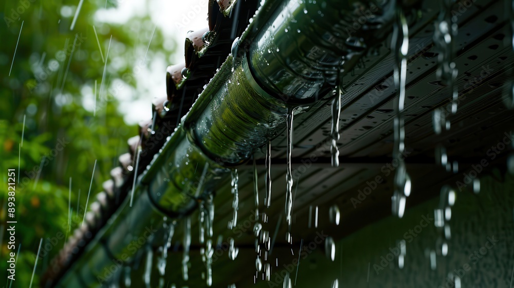 Closeup of the rain falling on the aluminum gutter on the house ...