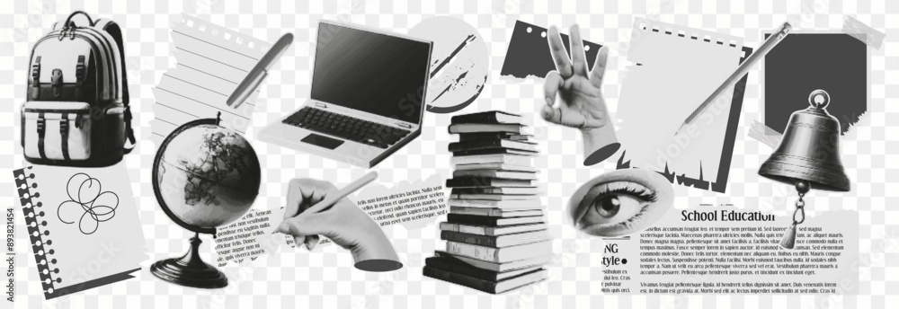 Set of school elements, a retro backpack for collages in a halftone ...