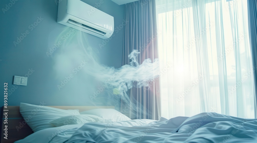 Cold air coming out of a white conditioner hanging on the bedroom wall ...