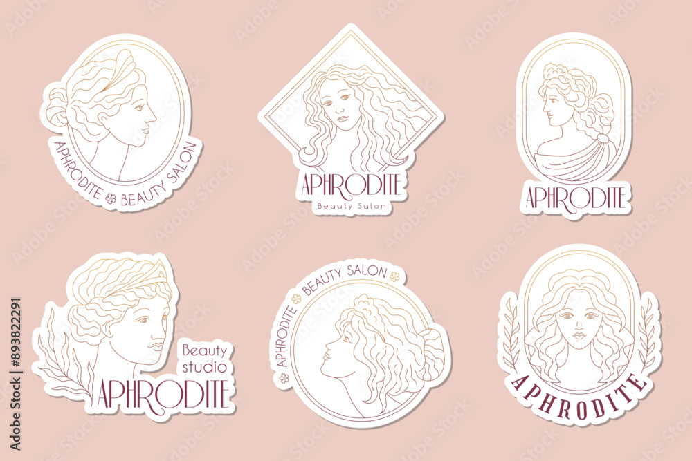 Aphrodite logo. Beauty salon badges with stylized illustrations of ...