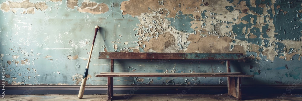 Vintage Urban Setting with Bench and Bat - A weathered blue wall, a ...