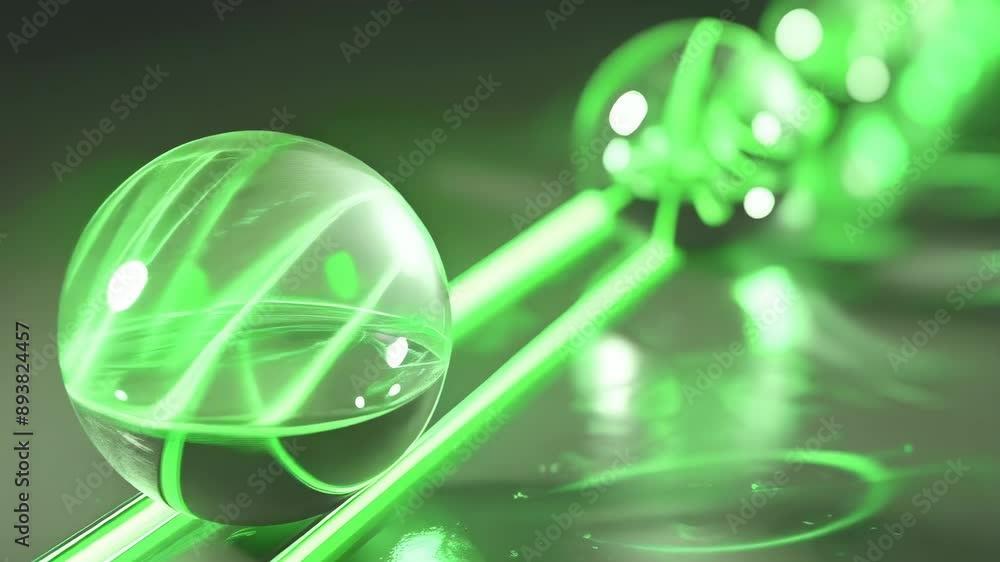 Clear glass spheres featuring green light streaks rest on illuminated ...