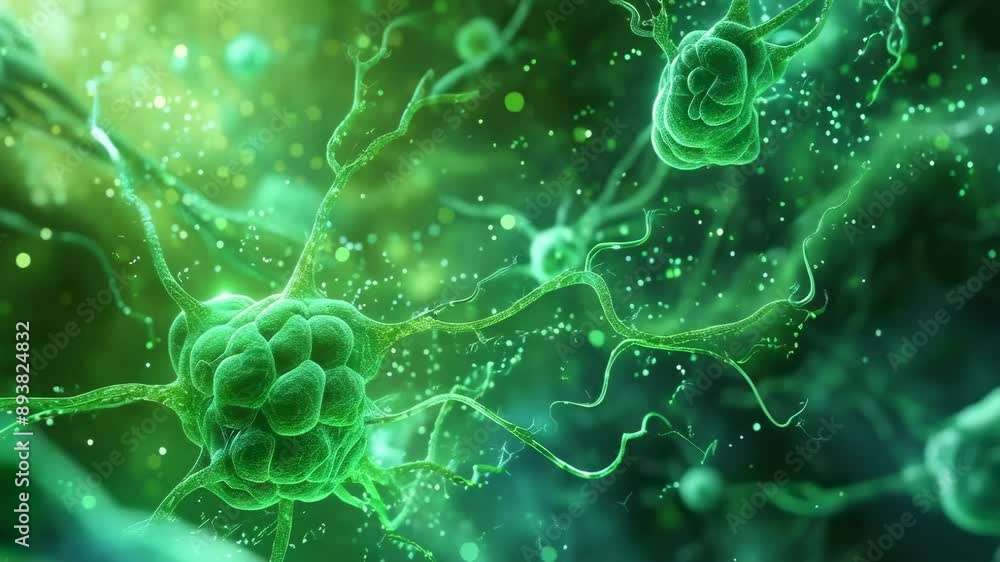 Detailed view of green neurons and synapses in a neural network. The ...