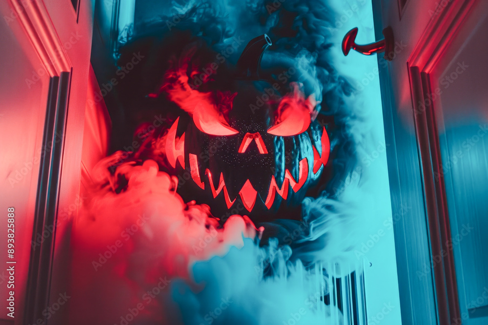 Halloween pumpkin with evil and scary face, next to a door. Illuminated ...