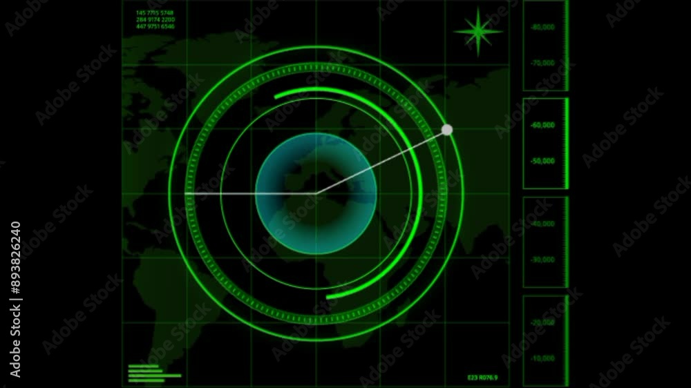 HUD Signal transmitted Sonar radar. Glow green background with ...