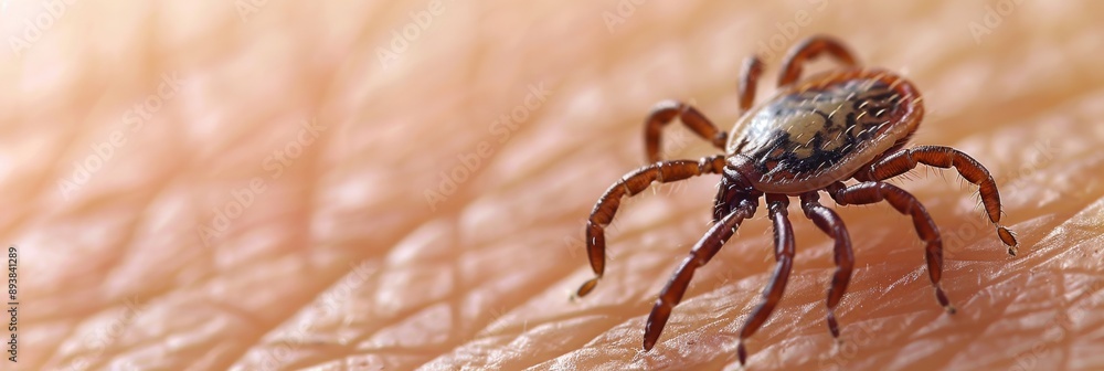 A detailed close-up shot of a tick clinging to human skin. The tick's ...