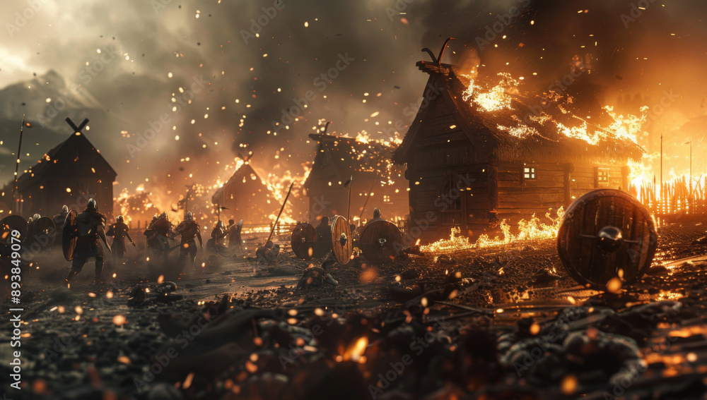 Viking shield and burning village. Fiery embers swirl amidst ...