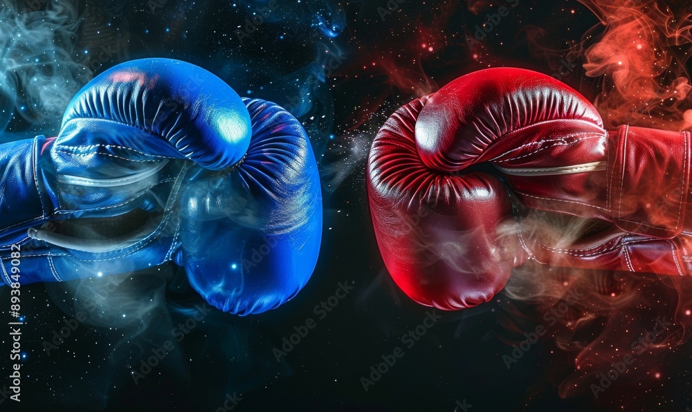 Red vs blue. Two boxing gloves hitting each other. Fist punching boxing ...