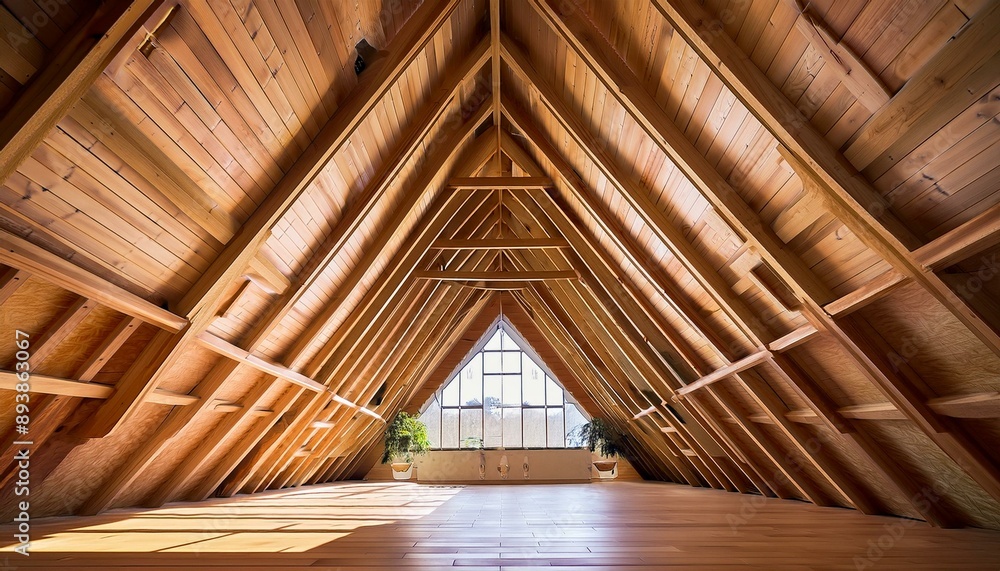 Interior structural design featuring vaulted roof with exposed rafters ...
