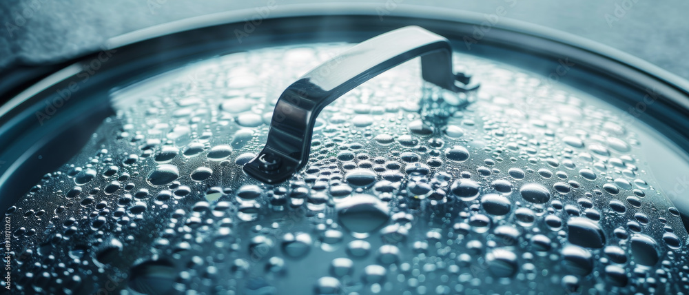 Drops of condensation forming on the glass lid of a pot, providing a ...