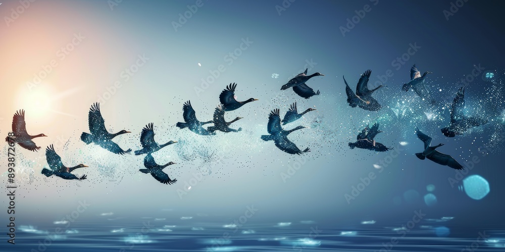 dynamic flowchart morphing into a flock of birds flying in formation ...