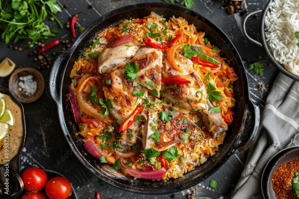 Chicken Mandy top view The national Saudi Arabian dish chicken kabsa ...