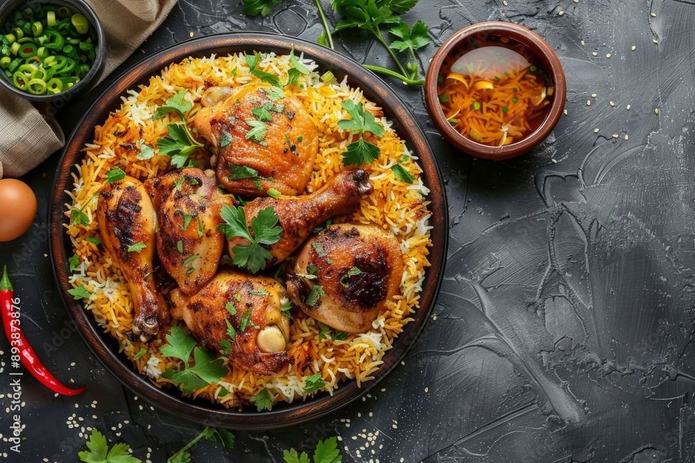 Chicken Mandy top view The national Saudi Arabian dish chicken kabsa ...