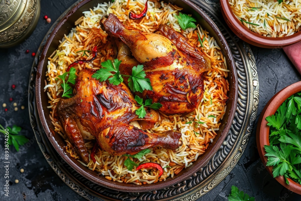Chicken Mandy top view The national Saudi Arabian dish chicken kabsa ...