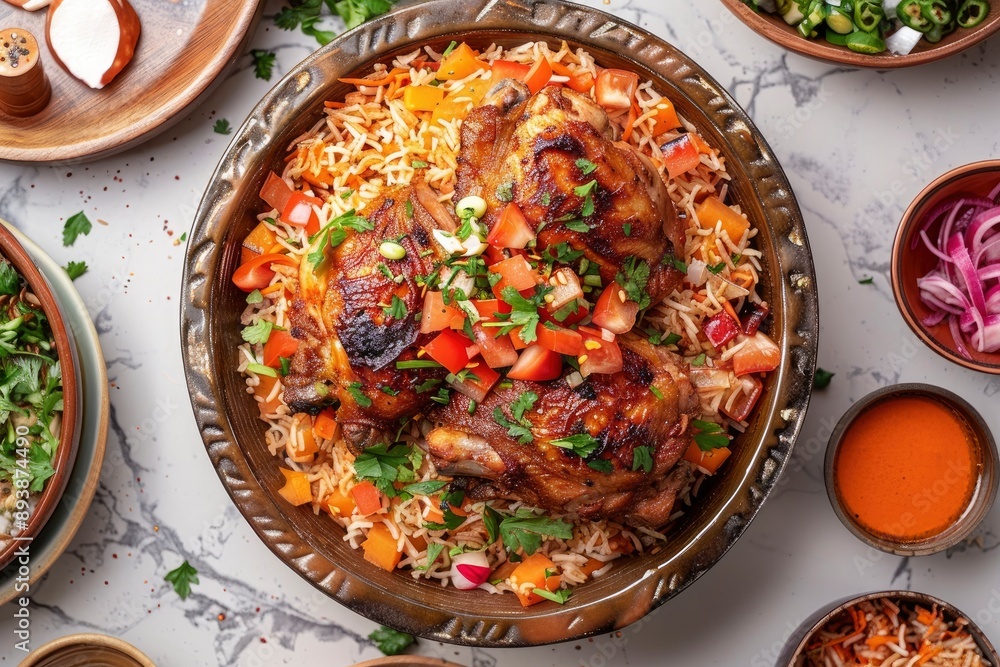 Chicken Mandy top view The national Saudi Arabian dish chicken kabsa ...