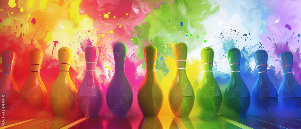 A row of brightly colored bowling pins stands tall amidst a vibrant ...