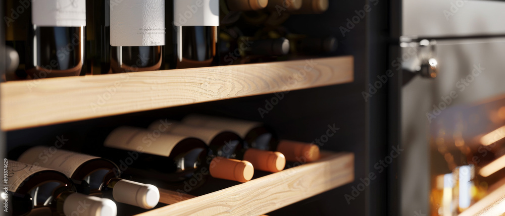 Bottles of wine are stored horizontally on sleek, wooden shelves in a ...