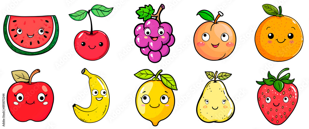 Cartoon fruits, funny drawn spinach, apple, peach, watermelon ...