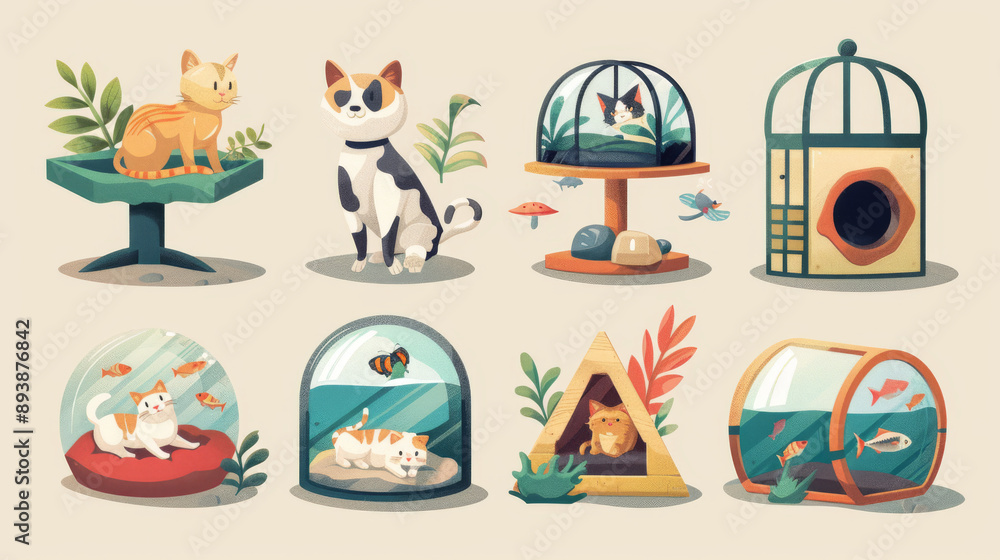 Showcase different pet habitats, such as a cozy dog bed, a cat tree, an ...