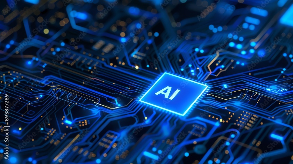 Light blue neon AI chip with thin circuit contact lines. AI chip ...