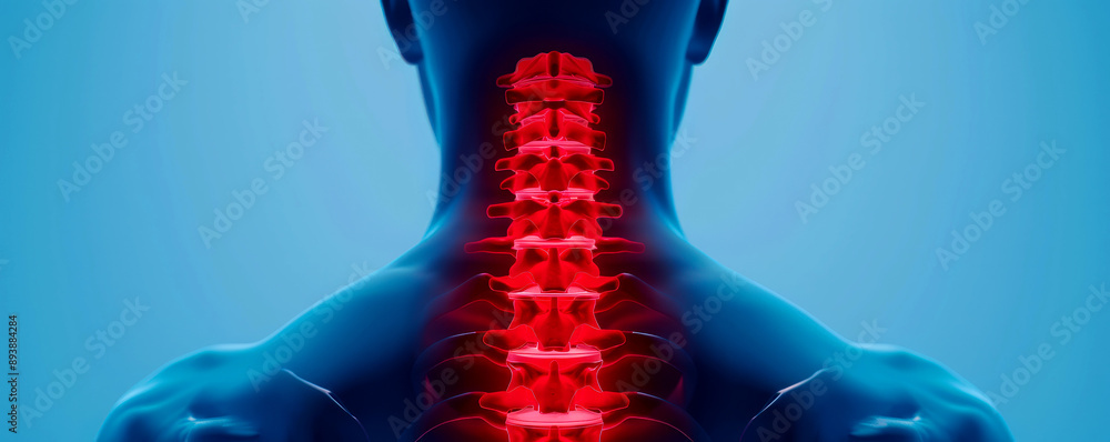 3D illustration of a human spine with highlighted vertebrae in red ...