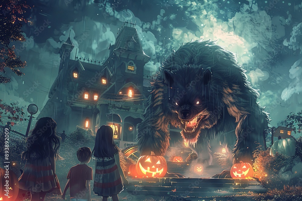 werewolf monster and 3 little girls Children observing a giant werewolf ...