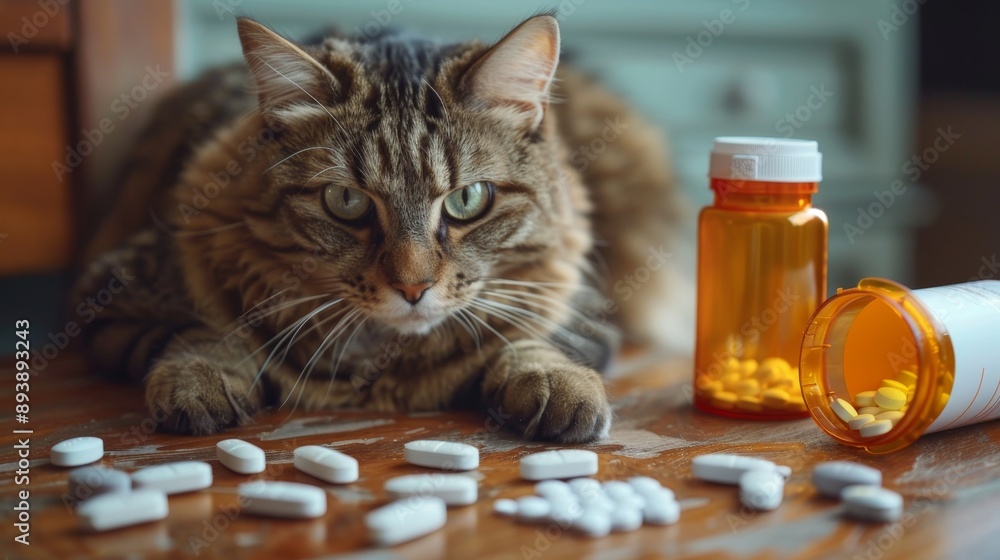 A tabby cat stares intently at a bottle of pills, symbolizing pet ...