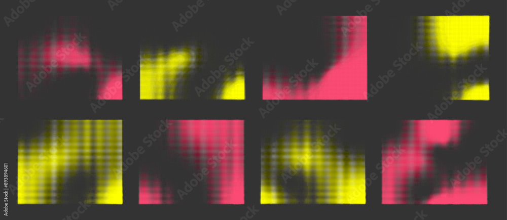 Set of minimalistic retro neon shapes. Backgrounds with pixel gradient. Abstract bitmap elements ...