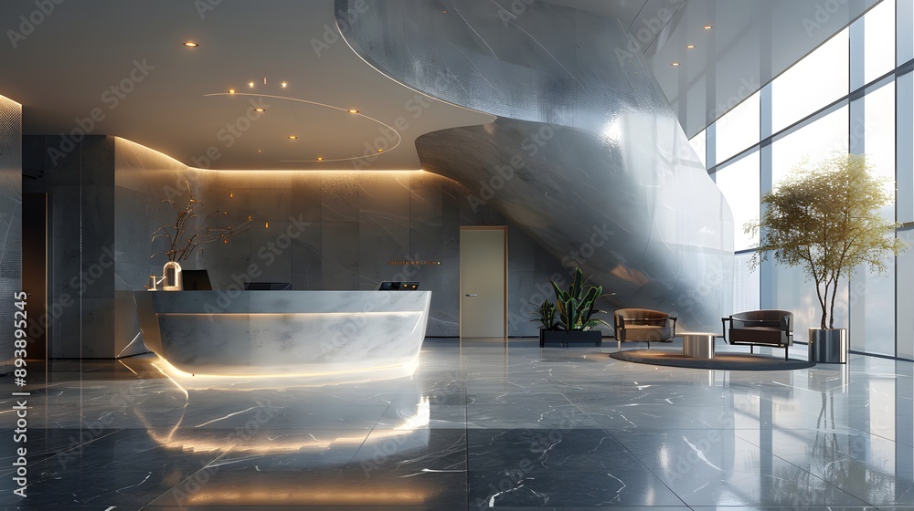 A modern, luxury office lobby featuring elegant marble finishes, a ...