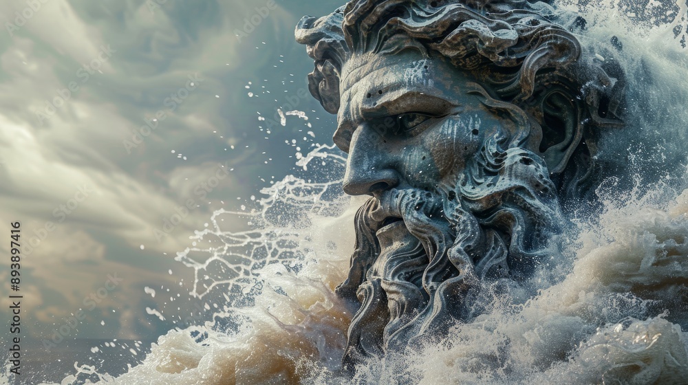 A powerful statue of Poseidon, the Greek god of the sea, emerges from ...