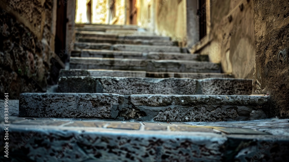 A perspective shot of stone steps leading upwards in a narrow alleyway ...