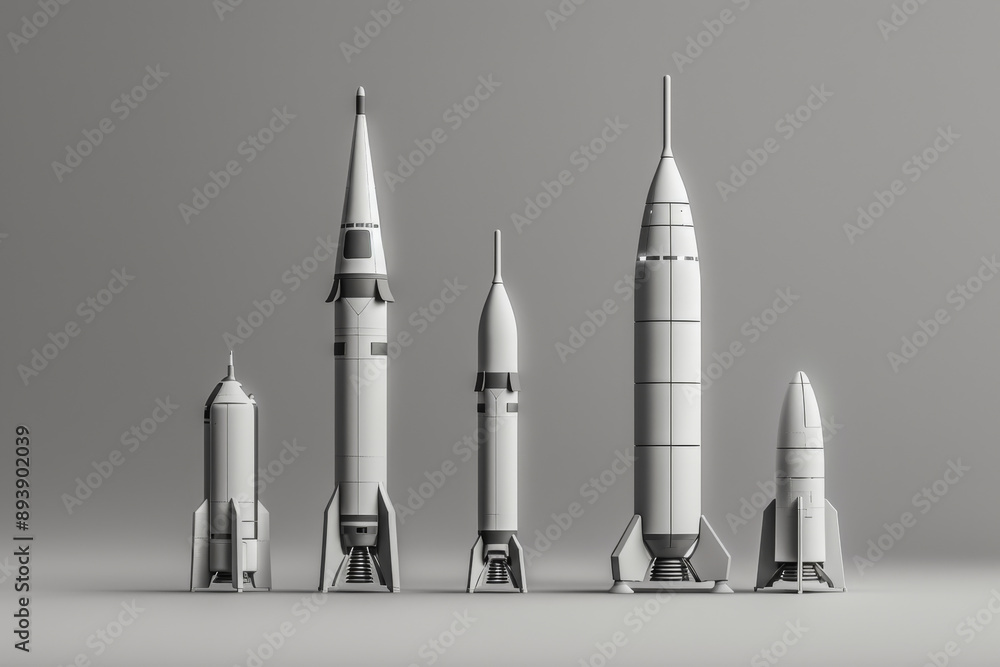 A lineup of five different rocket models stands on a neutral gray ...