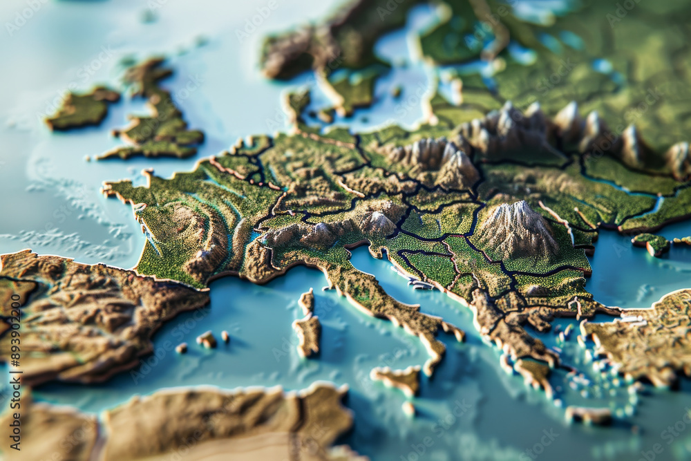 Detailed topographic map of Europe, showcasing major mountain ranges ...