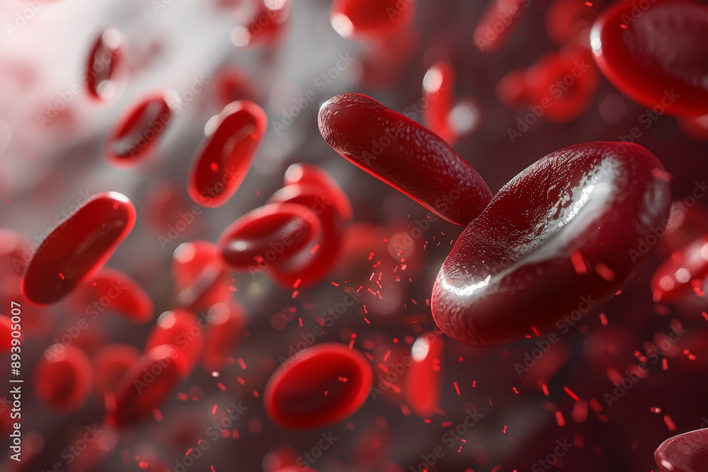 Red blood cells suspended in a murky red liquid, illustrating their ...
