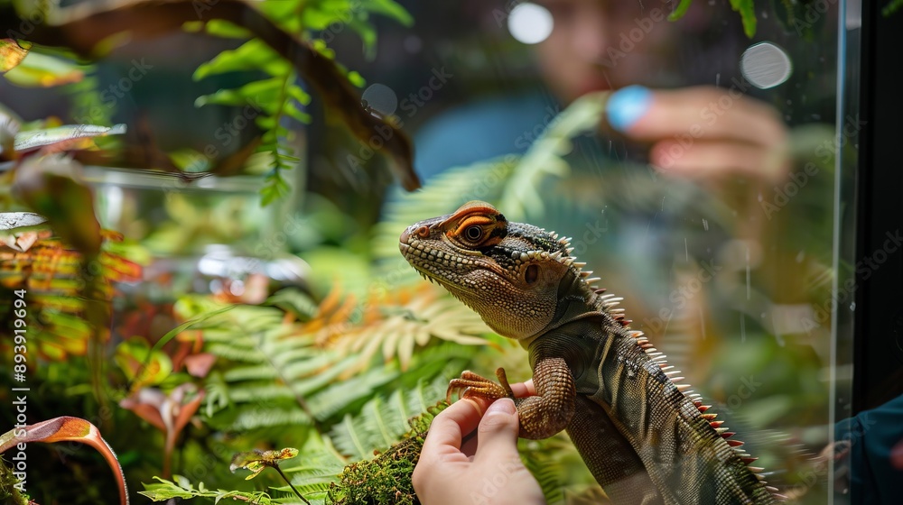 A lizard is gently touched by a person inside a glass tank, surrounded ...