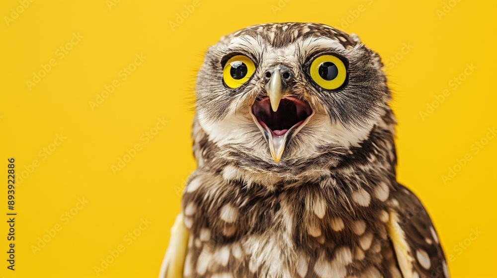 Cute shocked owl with opened mouth and big eyes, portrait against ...