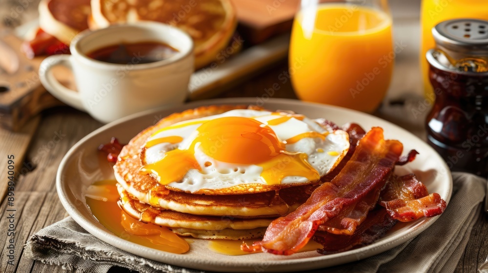 Classic American Breakfast: Fried Eggs, Bacon, Hash Brown, Pancakes ...