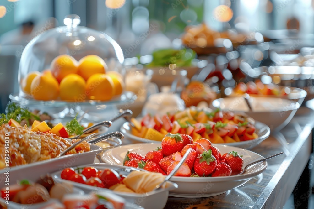 Table full of various fresh food in luxury modern restaurant in hotel ...