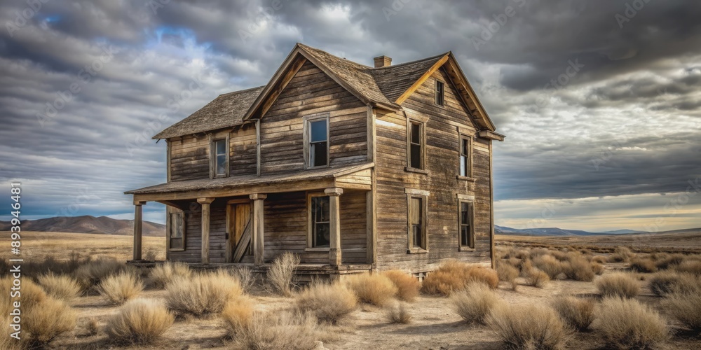 Abandoned two-story house in desolate terrain with weathered exterior ...