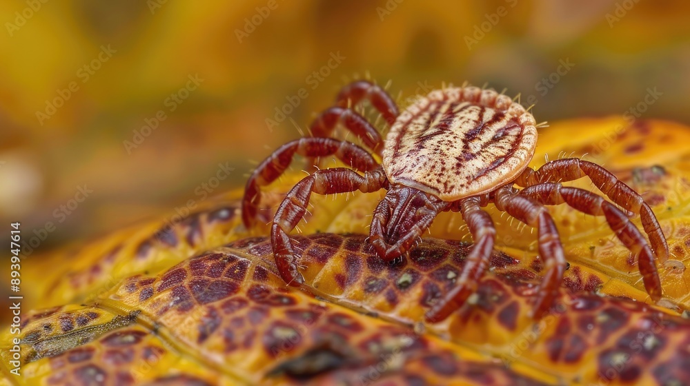 Small tick on leaf with scale Ixodes ricinus Close up of mite full of ...