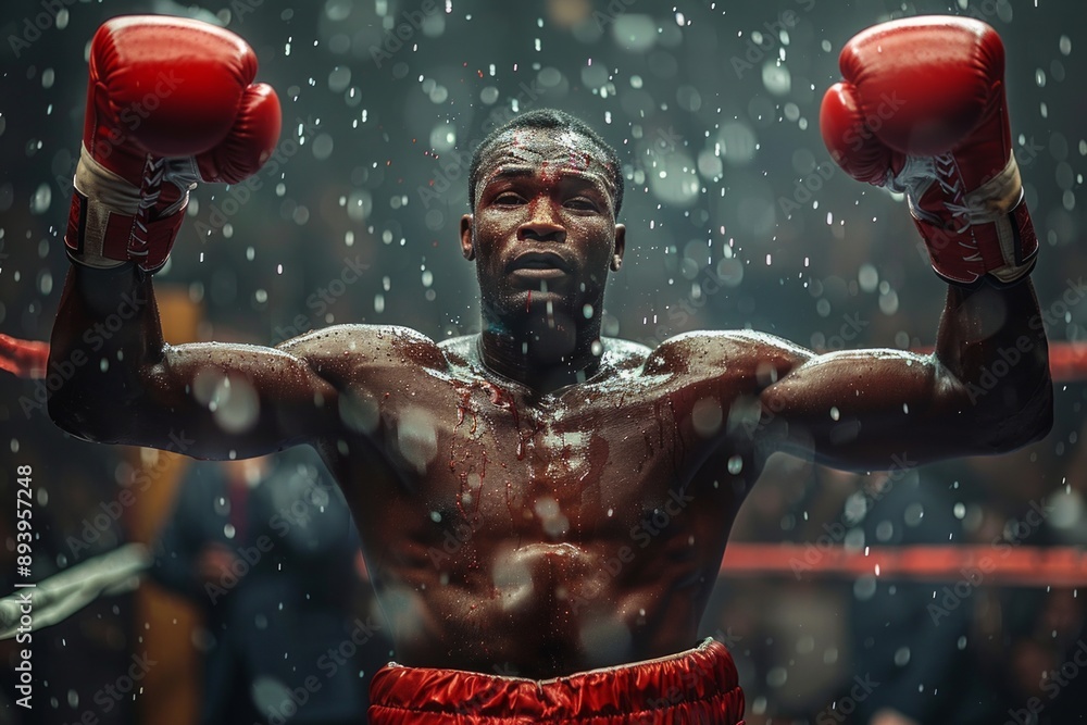 boxer celebrates his victory in the ring, arms raised high with red ...